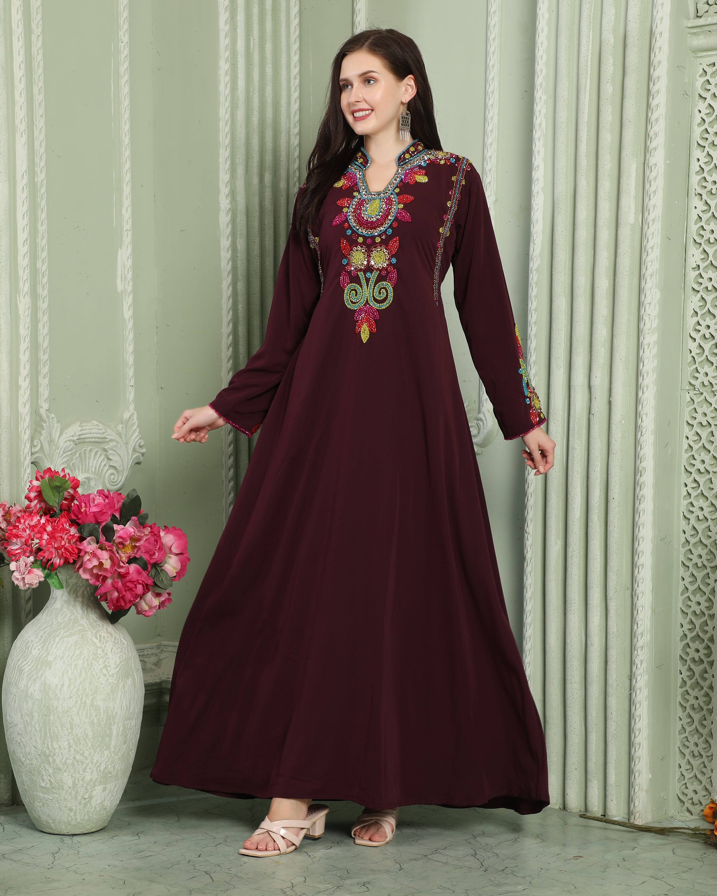 Designer-wear Velvet Kaftan with Multicolor Embroidered Sleeves – Maxim ...