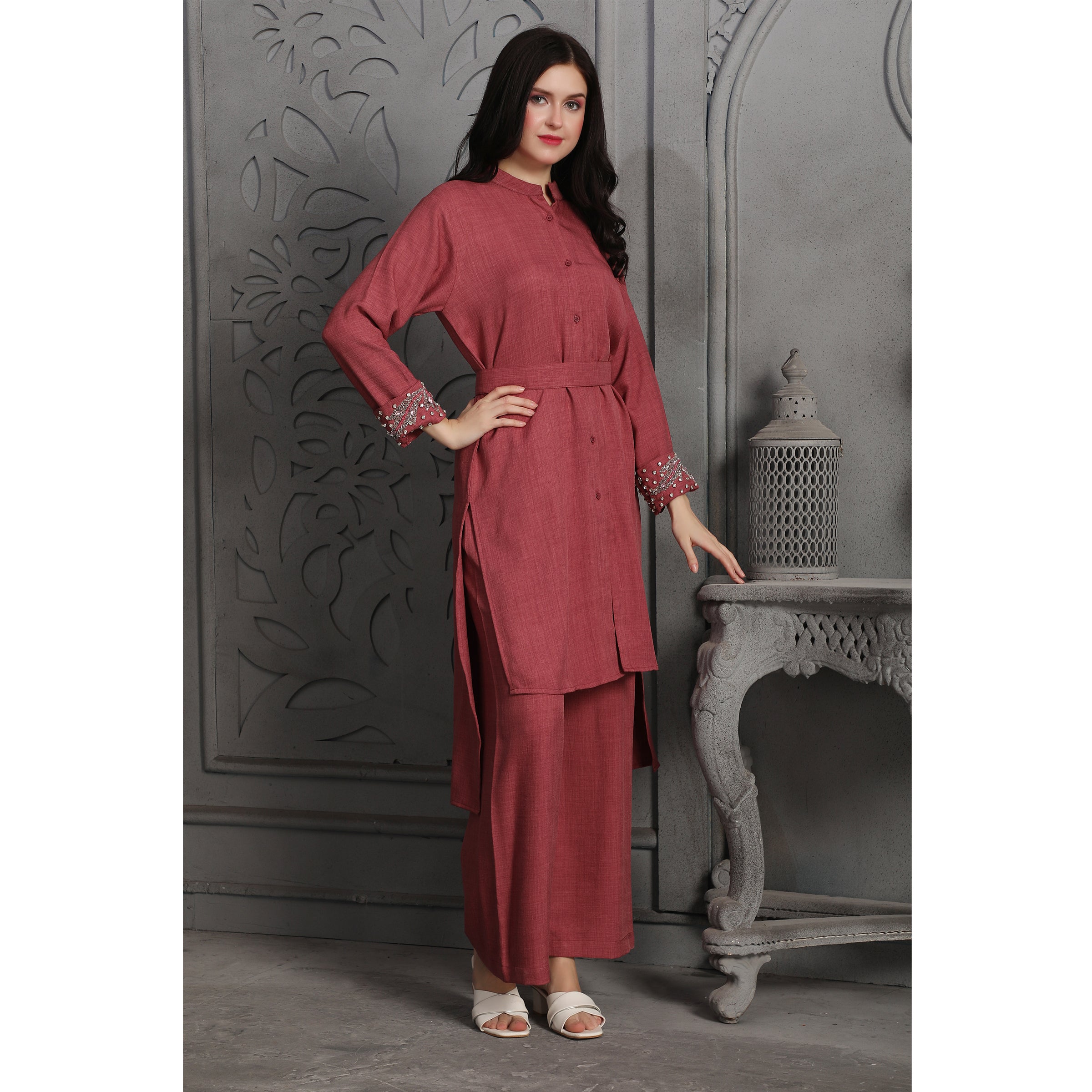 Modest Co-ord Set in Magenta Pink with Hand Embroidery – Maxim Creation