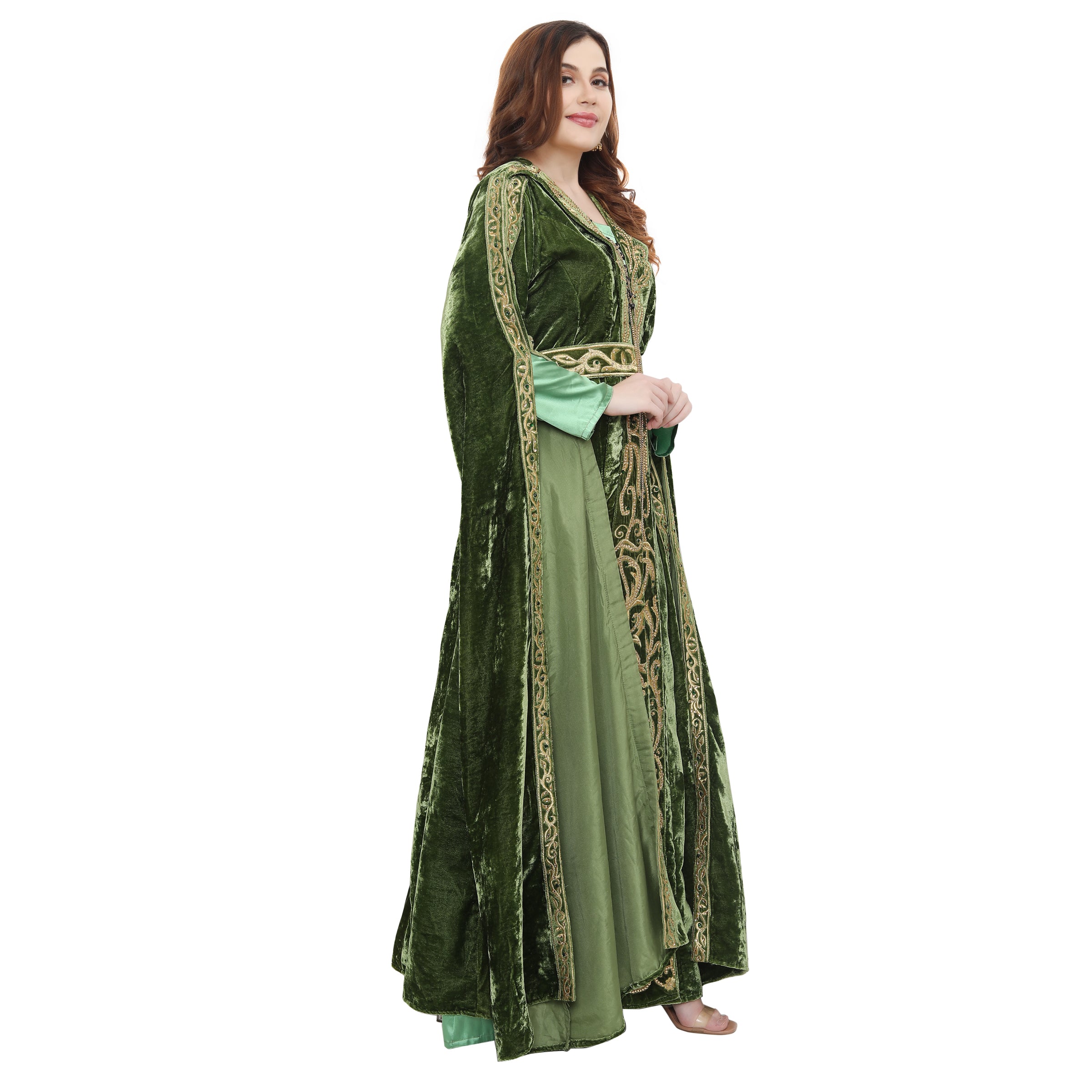 Designer Kaftan Bridal Gown in Henna Green Velvet – Maxim Creation